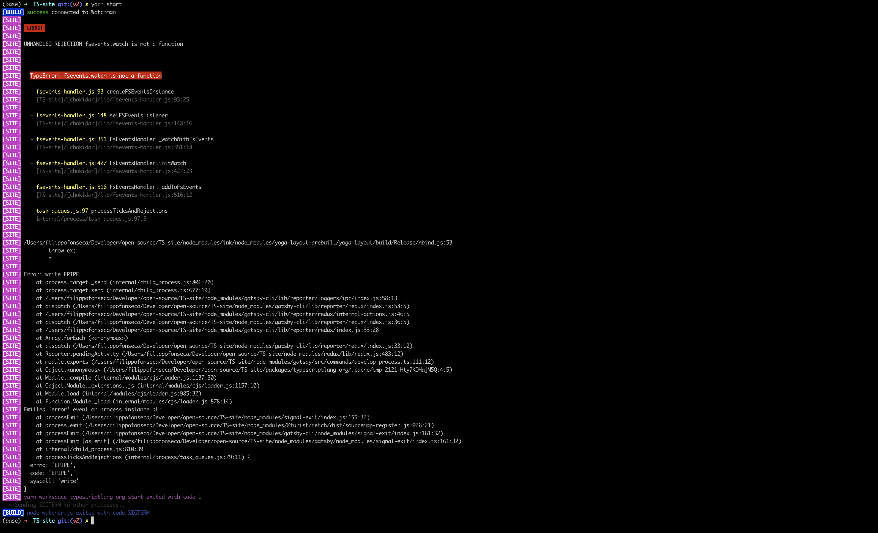 TypeError: fsevents.watch is not a function Error & more · Issue #1391 · microsoft/TypeScript ...