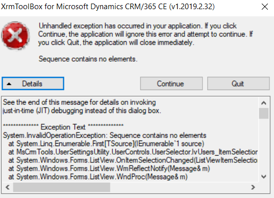 Error while selecting an user · Issue #30 · MscrmTools/MsCrmTools.UserSettingsUtility · GitHub