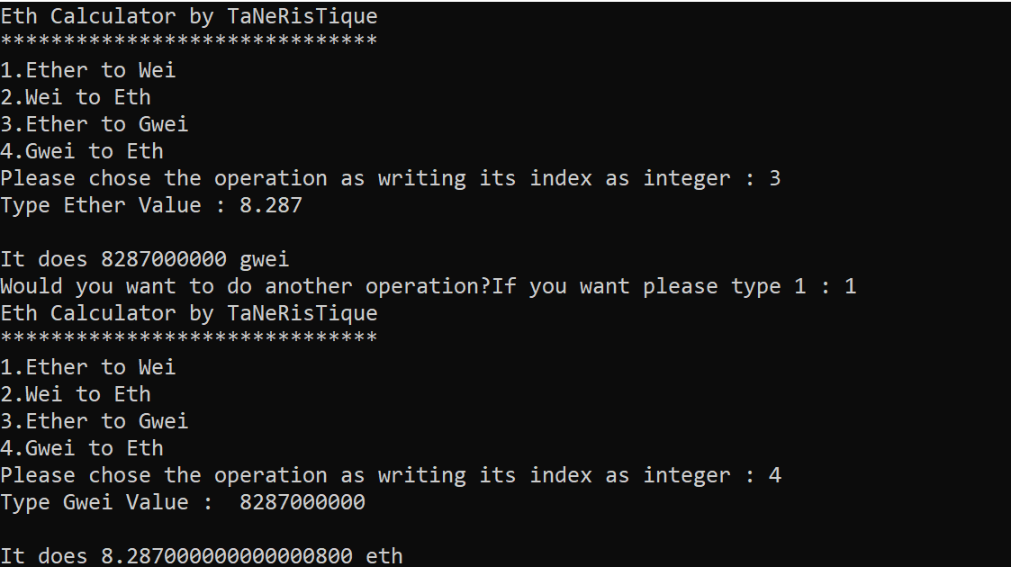 GitHub - Taneristique/etherCalculator: A console application to make conversions between eth,wei ...