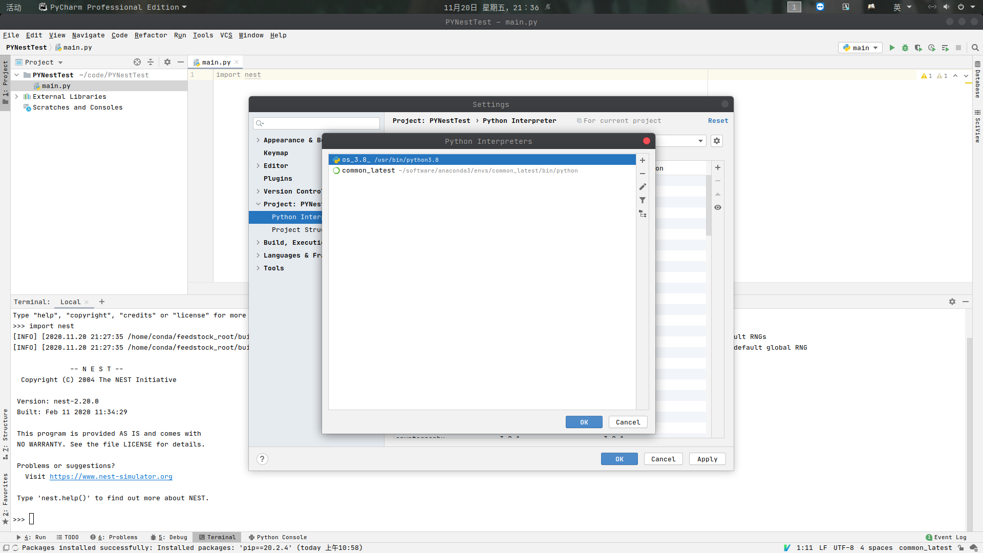 Can't import nest at PyCharm with Anaconda. · Issue #1854 · nest/nest-simulator · GitHub