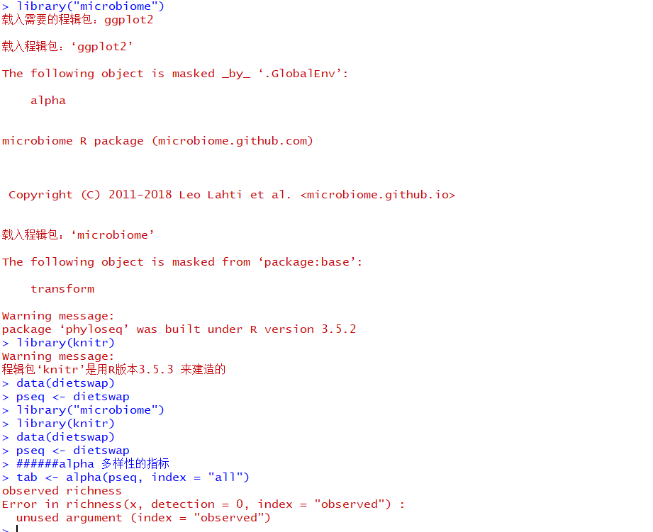Error in richness(x, detection = 0, index = "observed") : unused argument (index = "observed ...