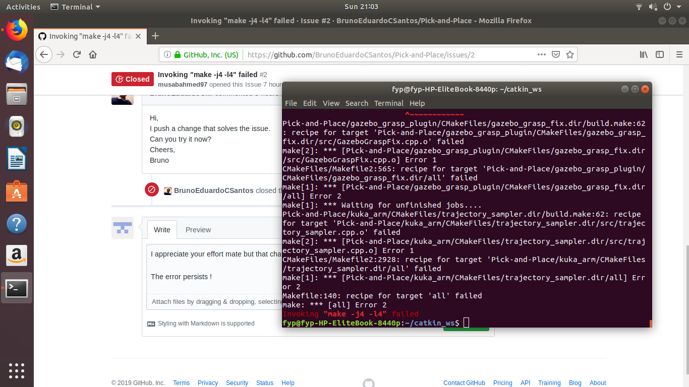Invoking "make -j4 -l4" failed · Issue #2 · brunoeducsantos/pick-and-place · GitHub