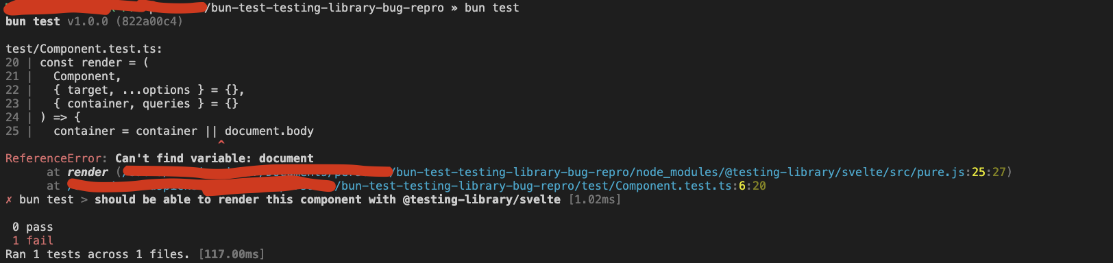 V1 `bun Test` Throws `referenceerror Cant Find Variable Document` When Using `testing
