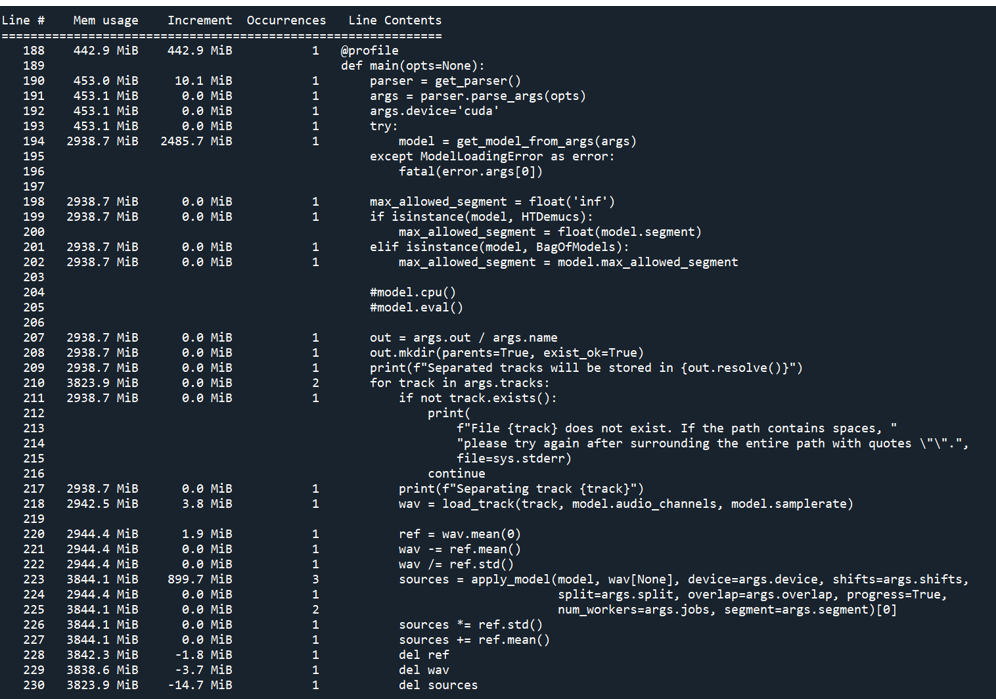 When using a python program to loop through demucs.separate.main(), there seems to be a memory ...
