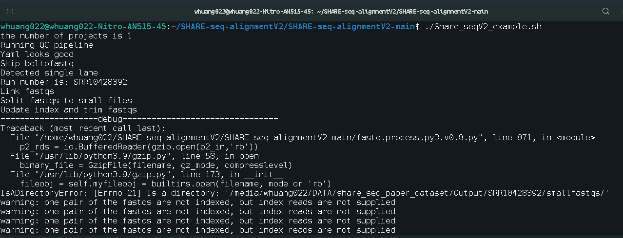 Problem to reproduce the results in the paper with error : "warning: one pair of the fastqs are ...
