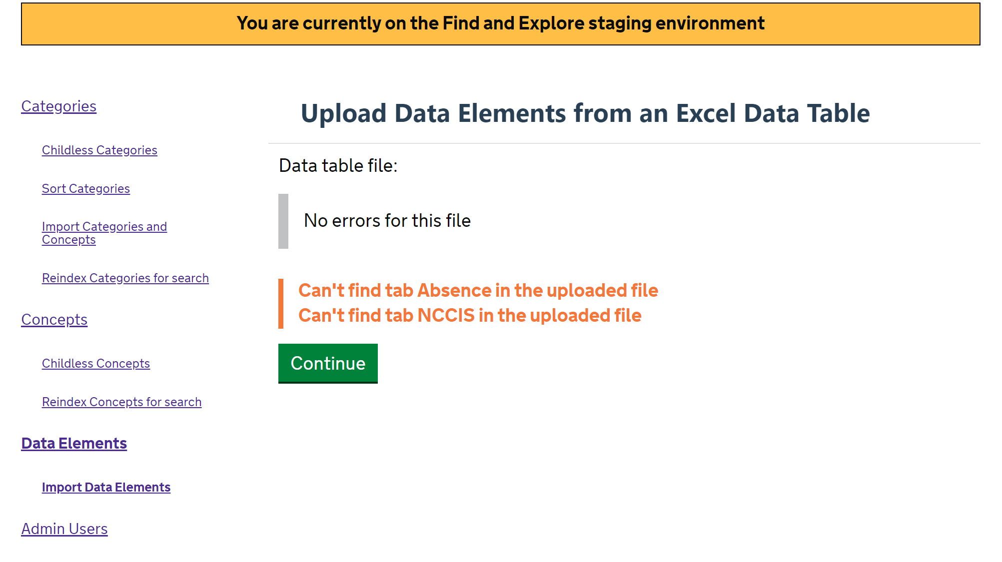 Upload Data Elements page - validate that all tabs are included and ...