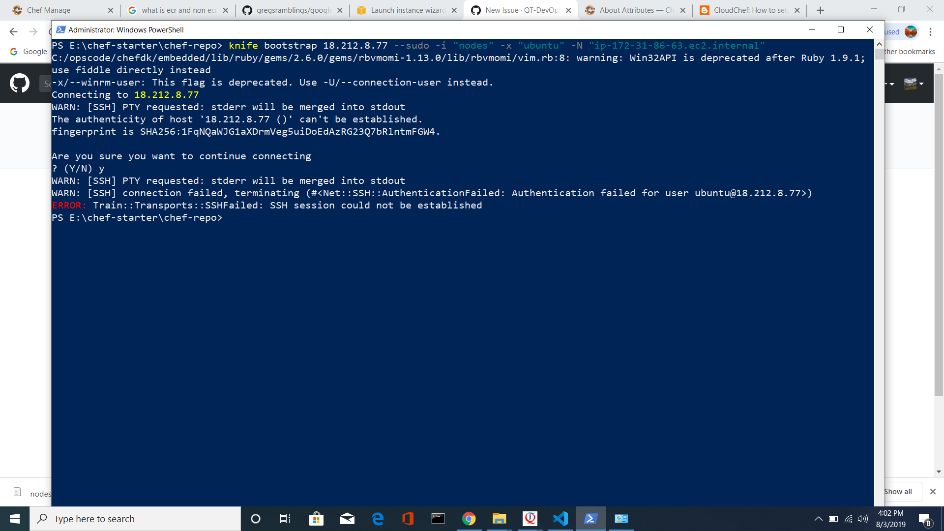 In Chef While Bootstraping Getting This Error Ssh Session Could Not Be