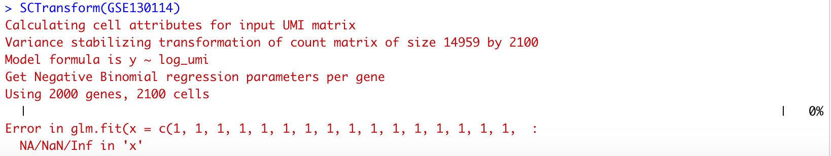 Error using SCTransform: error in glm.fit(x = c(1, 1, 1, 1, 1, 1, 1, 1 ...