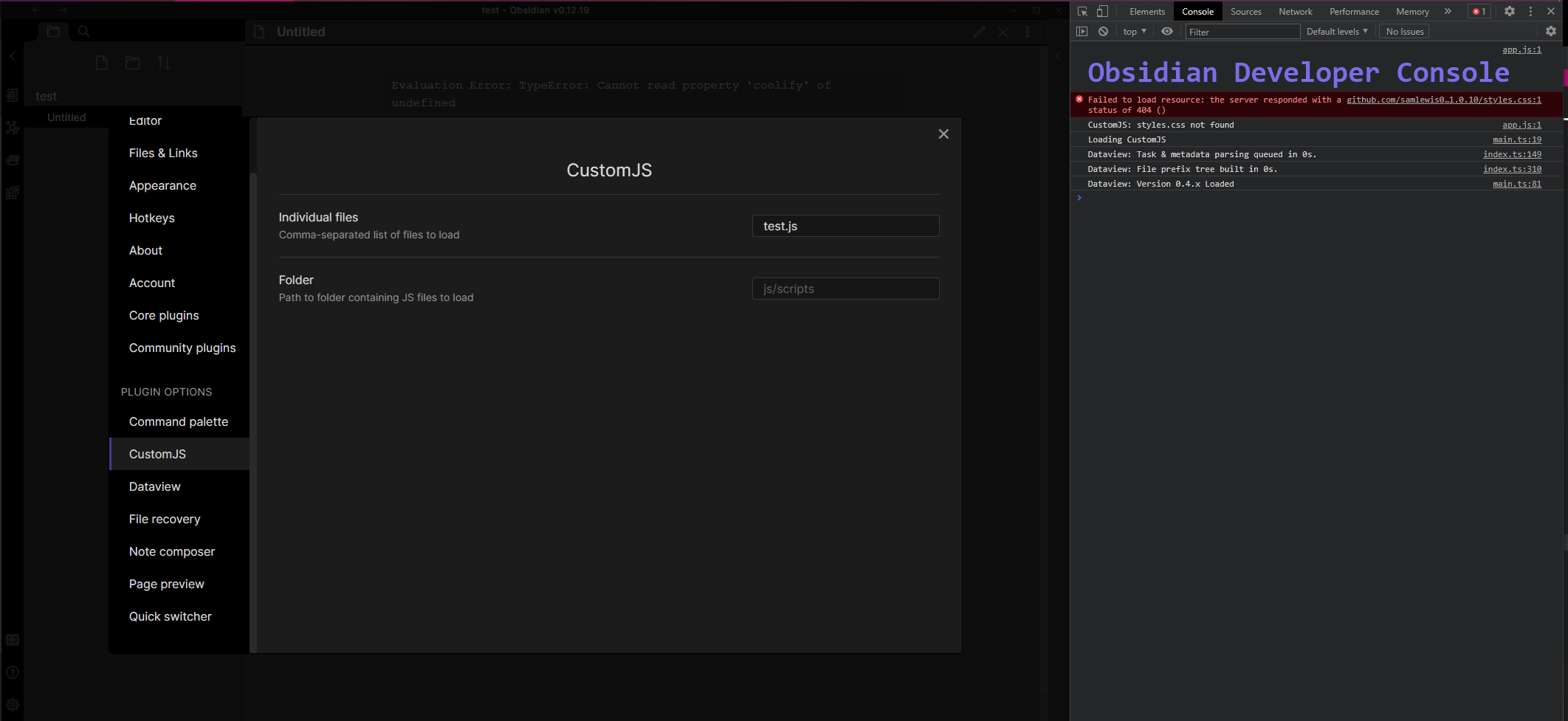 CustomJS not loading · Issue #11 · saml-dev/obsidian-custom-js · GitHub