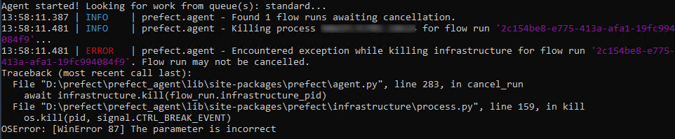 Windows: Cancelling process flow run kills agent too · Issue #7742 · PrefectHQ/prefect · GitHub