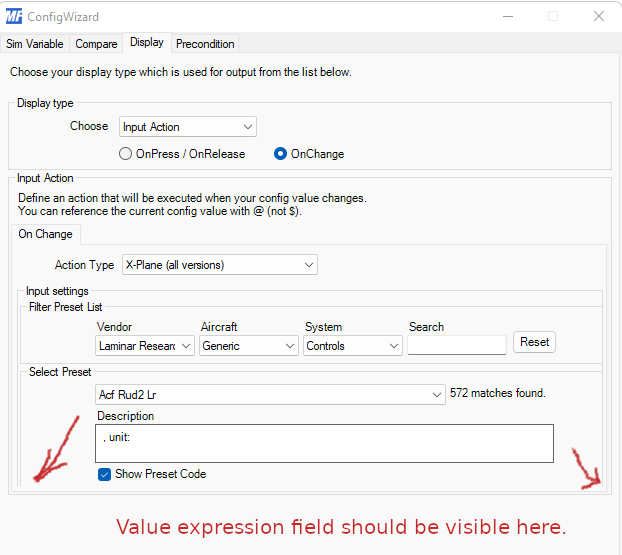 Config Wizard page for Display tab, X-Plane action, hides the value expression, preventing entry ...
