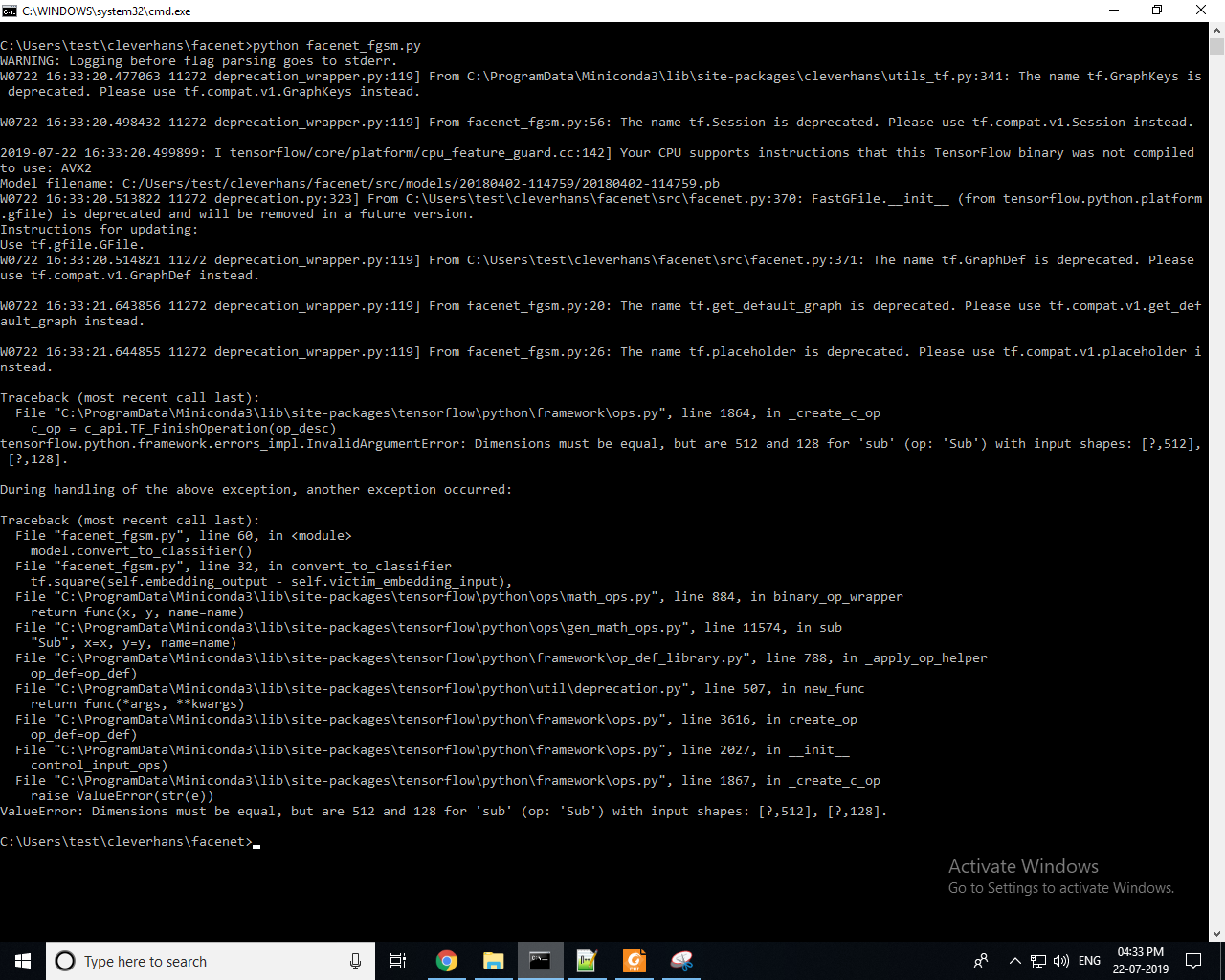 ValueError: Dimensions must be equal, but are 512 and 128 for 'sub' (op: 'Sub') with input ...