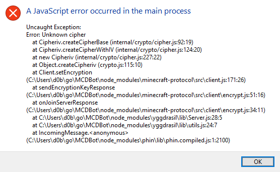 Unkown cipher · Issue #654 · PrismarineJS/node-minecraft-protocol · GitHub
