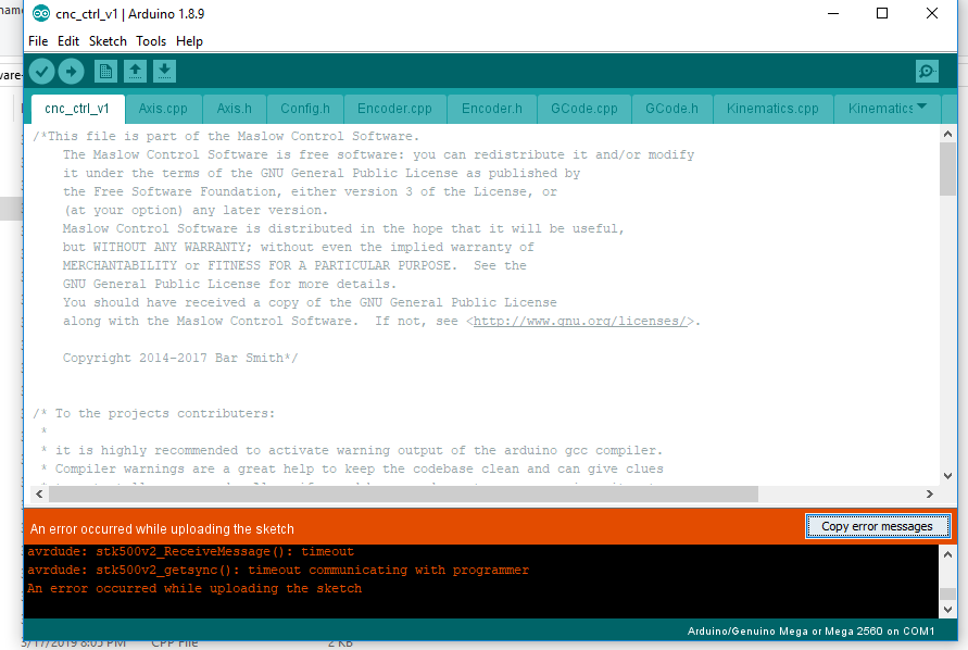 error timeout when downloading audrino · Issue #487 · MaslowCNC/Firmware · GitHub