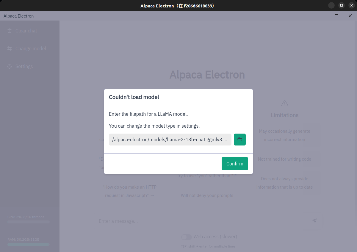 Unable to read downloaded model [BUG] · Issue #96 · ItsPi3141/alpaca-electron · GitHub