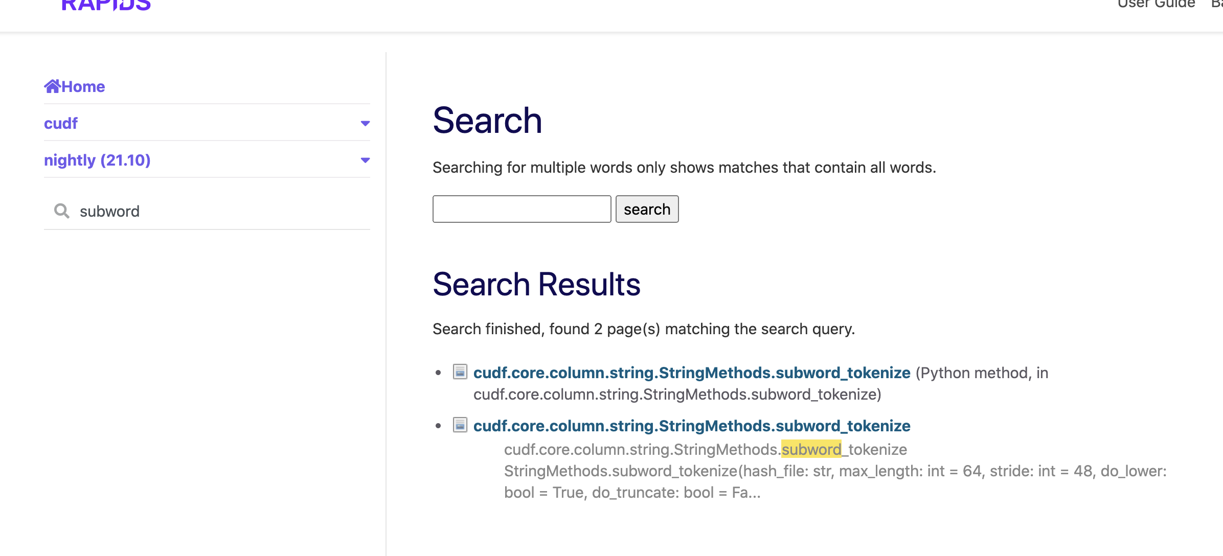 [DOC] Subword tokenizer docs missing · Issue #9245 · rapidsai/cudf · GitHub