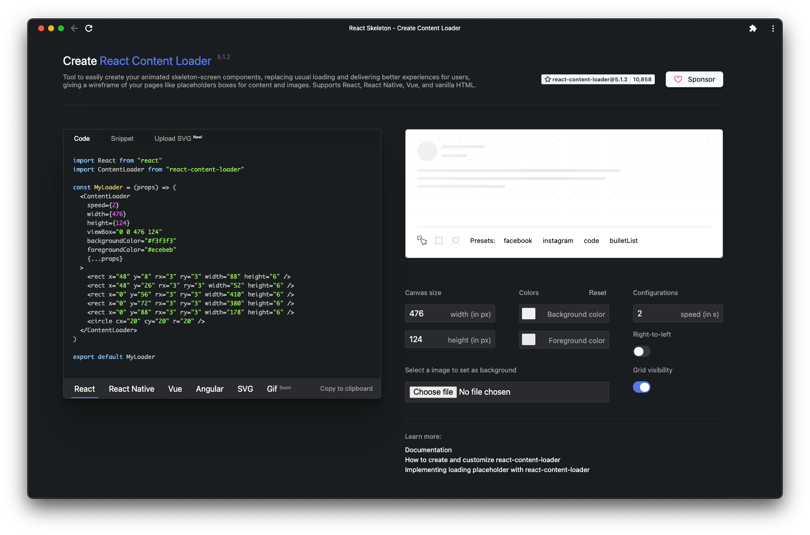Create Content Loader Tool To Create Your Own React content loader
