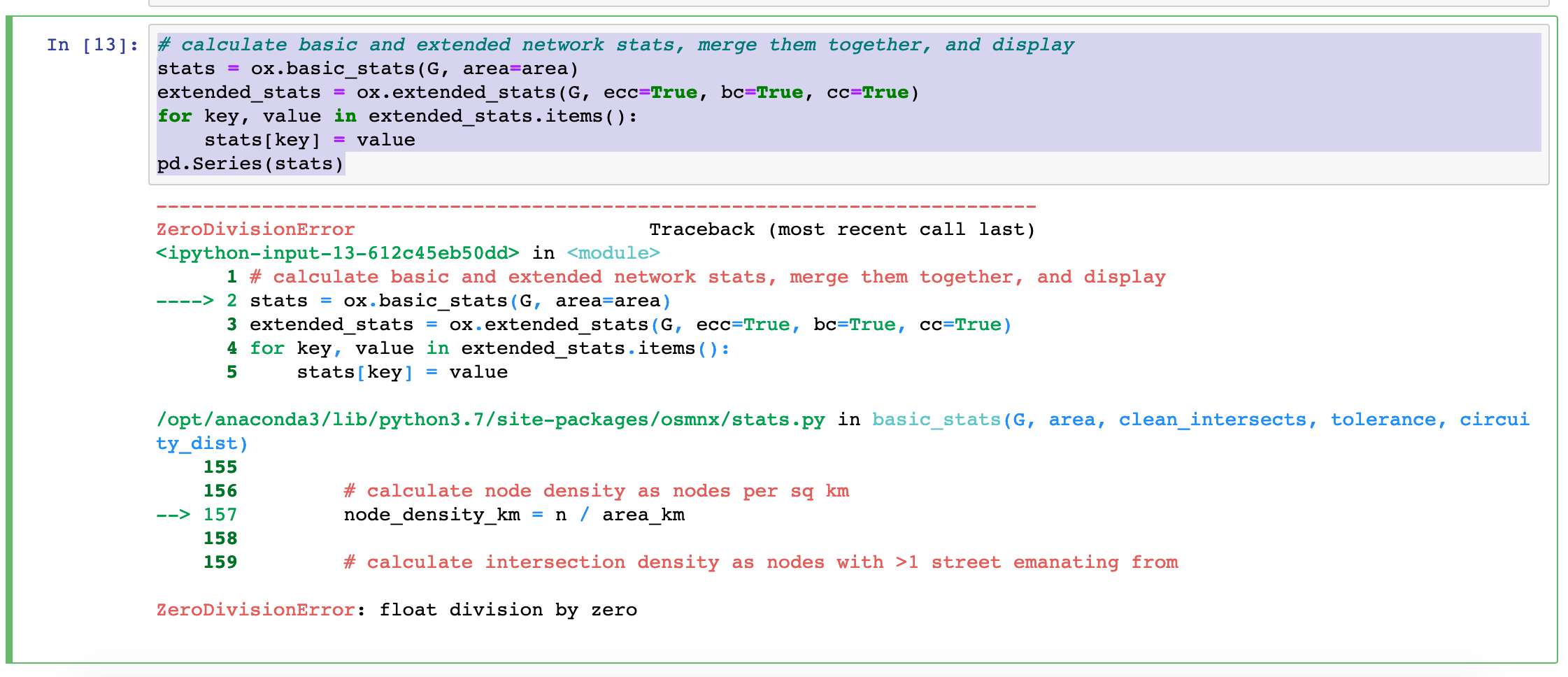 ZeroDivisionError in basic_stats · Issue #370 · gboeing/osmnx · GitHub