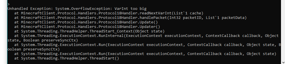 System.OverflowException: VarInt too big · Issue #665 · MCCTeam/Minecraft-Console-Client · GitHub