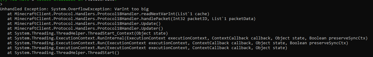 System.OverflowException: VarInt too big · Issue #665 · MCCTeam/Minecraft-Console-Client · GitHub