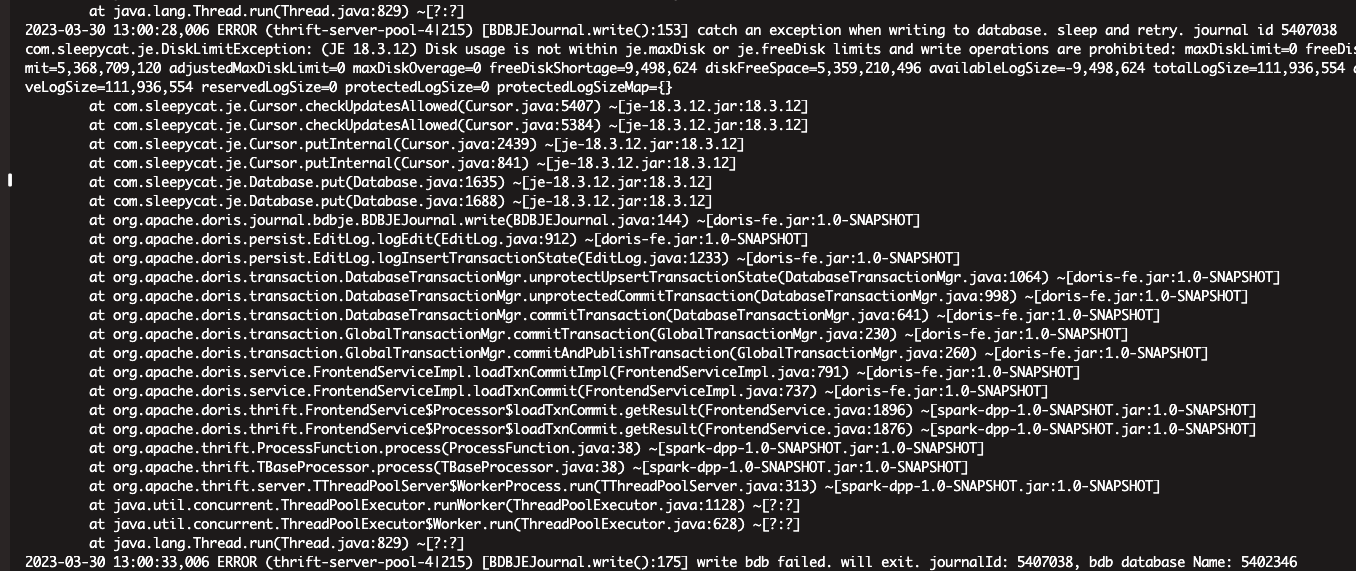 [Bug] doris fe经常会出现com.sleepycat.je.DiskLimitException · Issue #4940 · dataease/dataease · GitHub