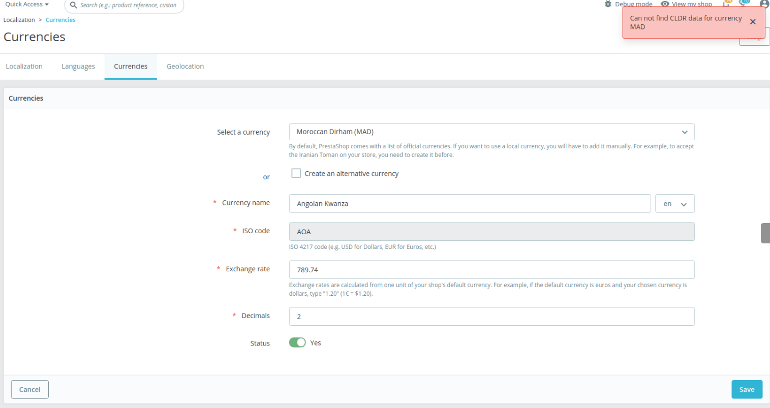 [BO] Error when creating new currencies · Issue #23434 · PrestaShop/PrestaShop · GitHub