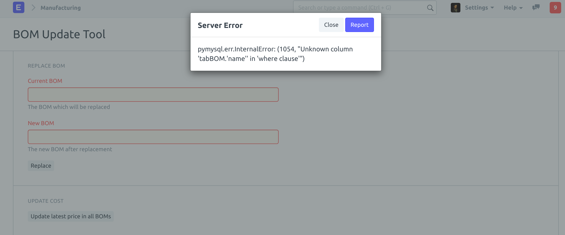 BOM Update tool ServerError · Issue #18378 · frappe/erpnext · GitHub