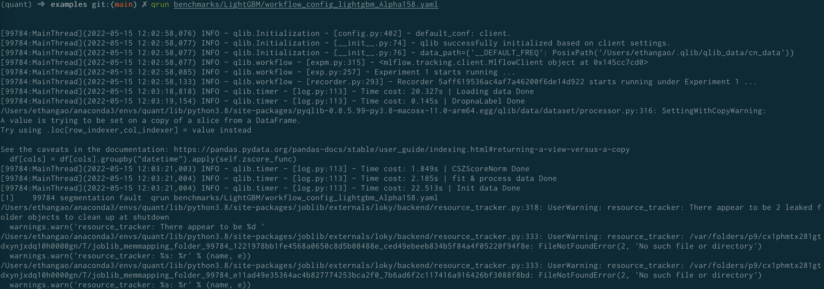 Segmentation Fault when qrun with lightgbm workflow config · Issue #1099 · microsoft/qlib · GitHub