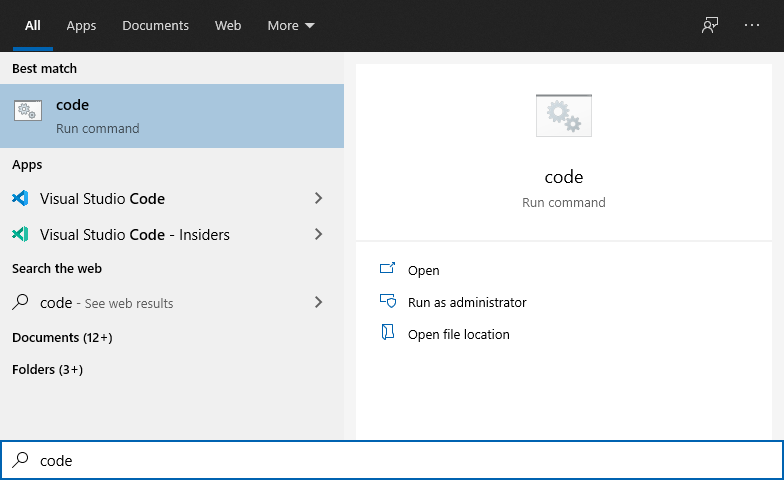 code.cmd is the default result for "code" in the Windows start menu ...