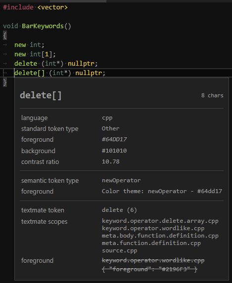 Cannot distinguish textmate scopes for built-in vs overloaded `new` and `delete` operators ...