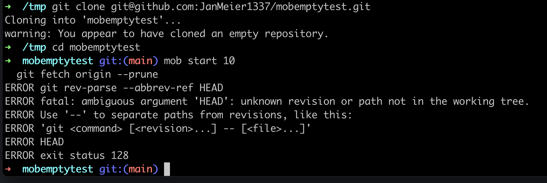 Mob Start Does Not Work On Git Repository Without Commits · Issue 303