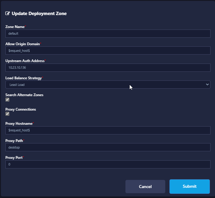 Zone (default) is configured with dynamic property $request_host$ as the Upstream Auth Address ...