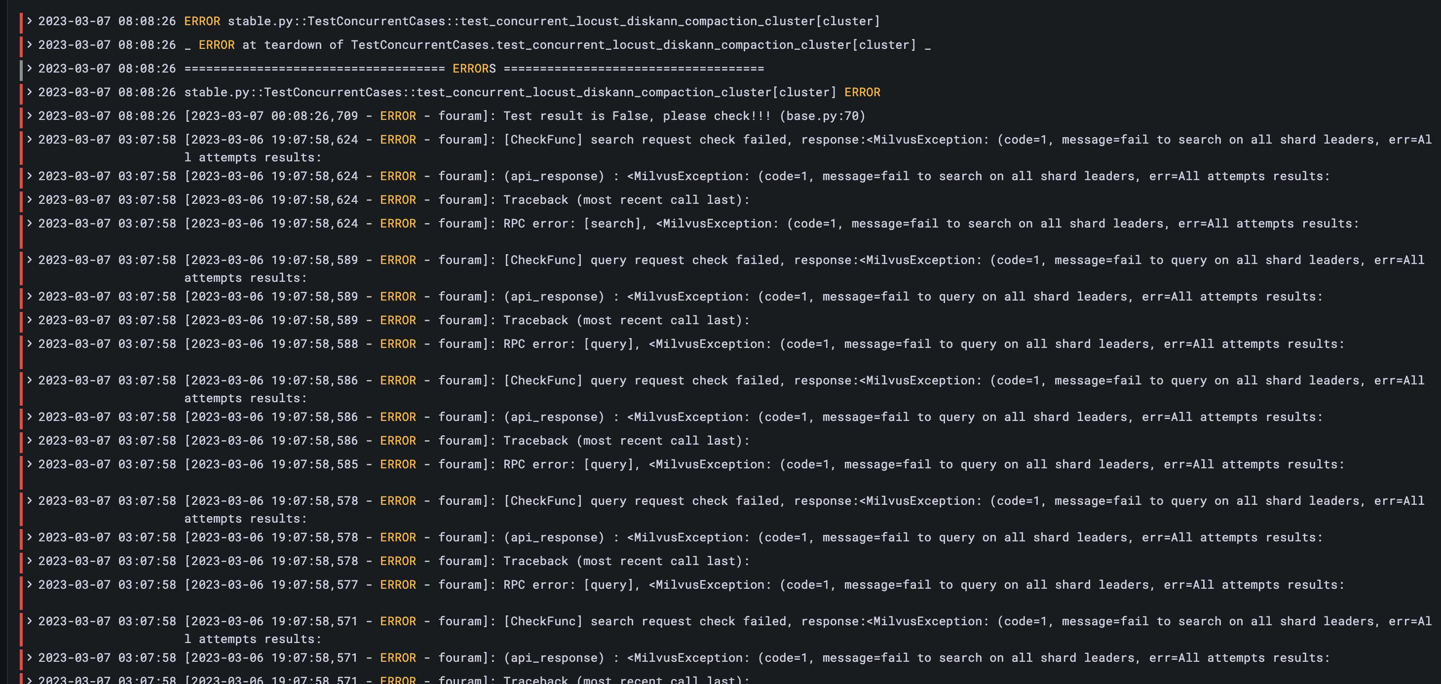 [Bug]: [benchmark][diskann]Milvus search failed and reported "fail to query on all shard leaders ...