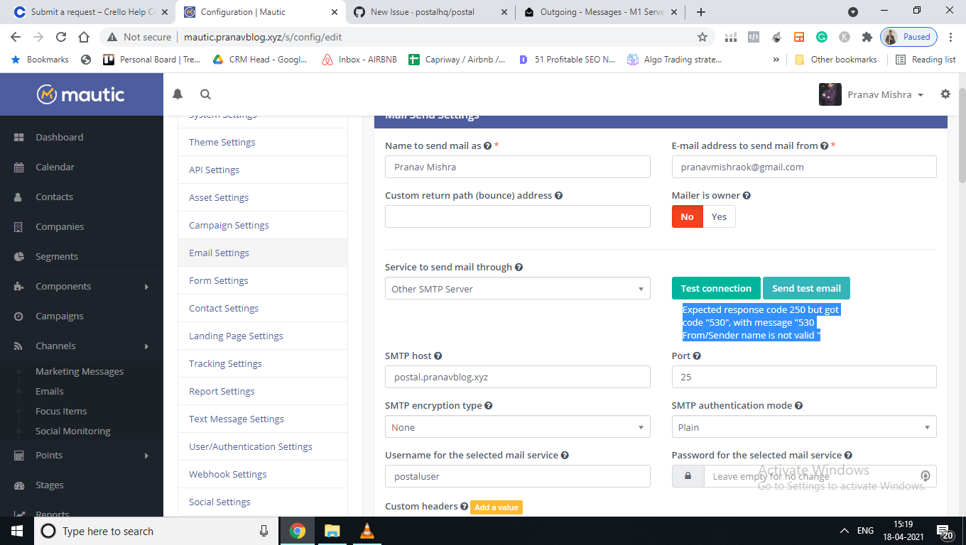 Expected response code 250 but got code "530", with message "530 From/Sender name is not valid ...