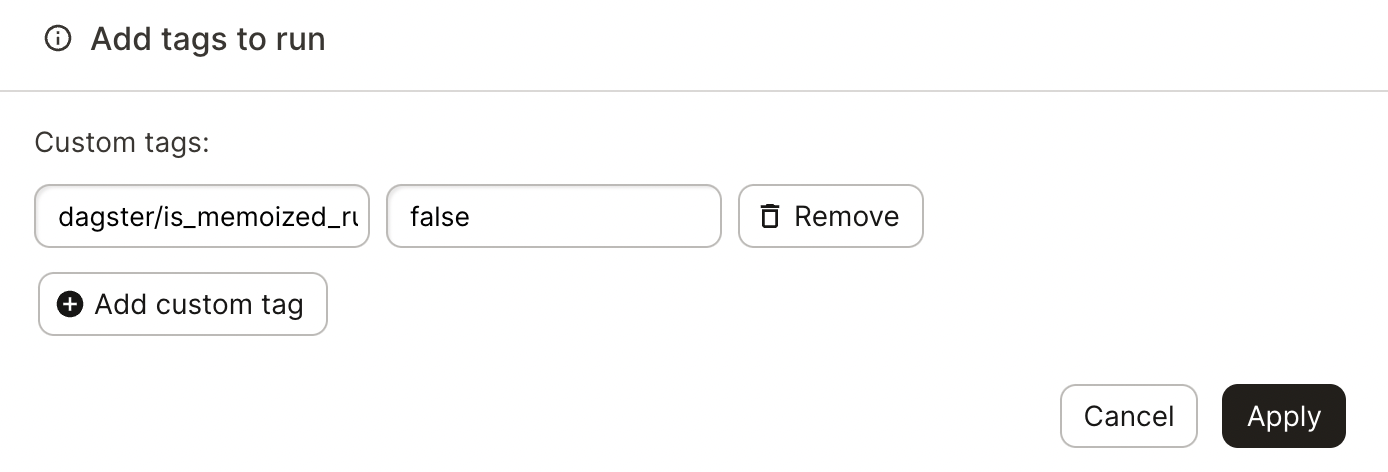 MEMOIZED_RUN_TAG does not have any effect from dagit UI · Issue #6311 · dagster-io/dagster · GitHub