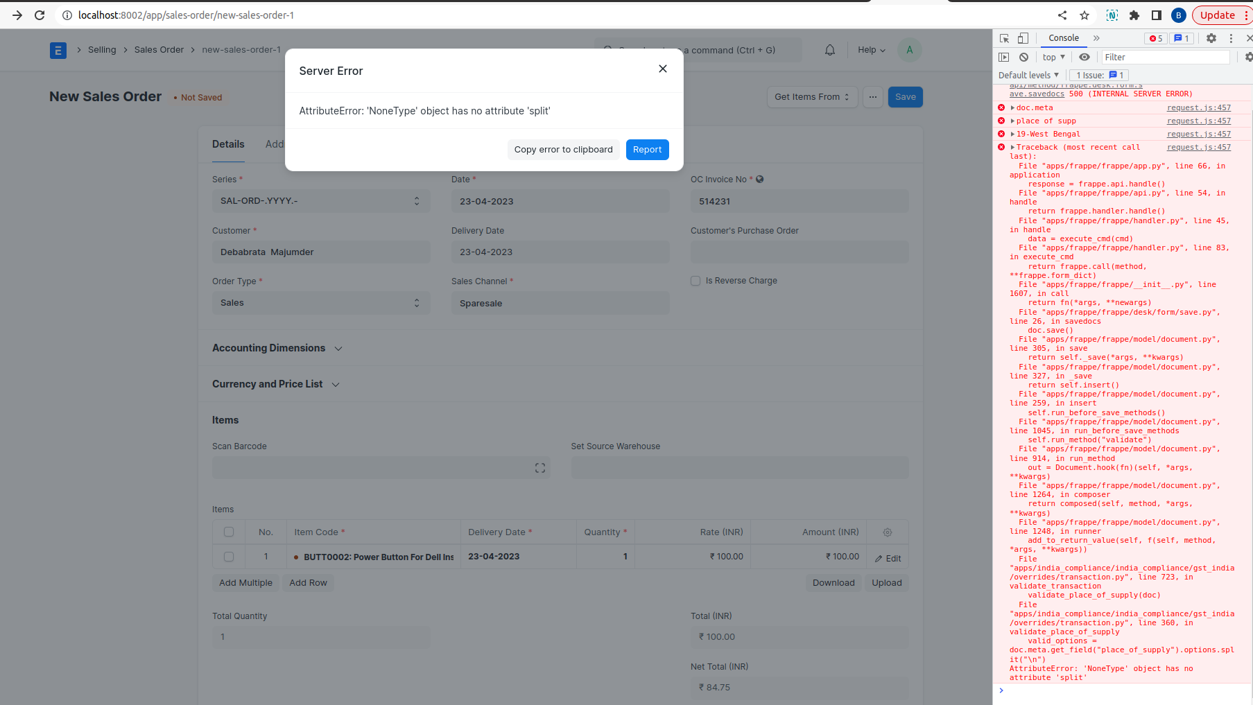 While Create Sales Order Nonetype AttributeError · Issue #624 · resilient-tech/india-compliance ...