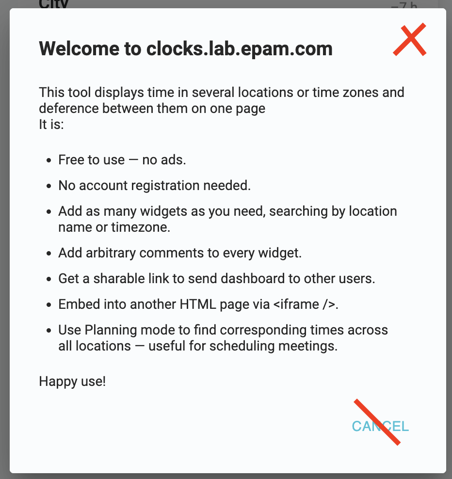 Replace "Cancel" buttons with "X" in the upper-right corners · Issue #343 · epam/clocks · GitHub
