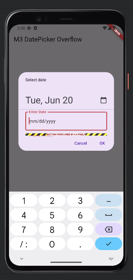 M3 DatePicker overflows in "Enter Date" · Issue #127861 · flutter/flutter · GitHub