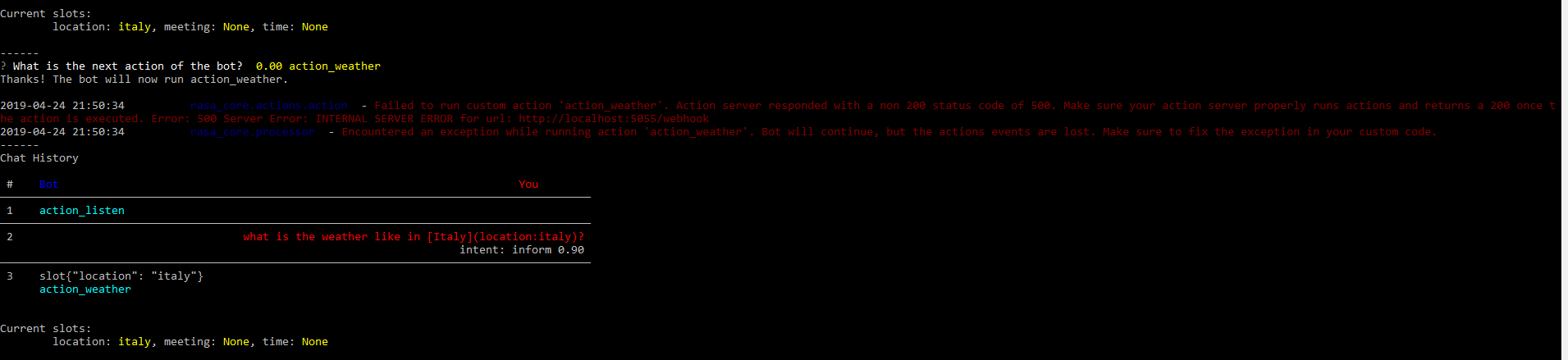 Action server is not responding (status code 500) · Issue #3307 · RasaHQ/rasa · GitHub