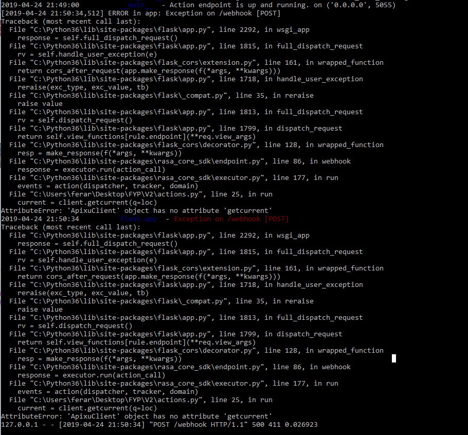 Action server is not responding (status code 500) · Issue #3307 · RasaHQ/rasa · GitHub