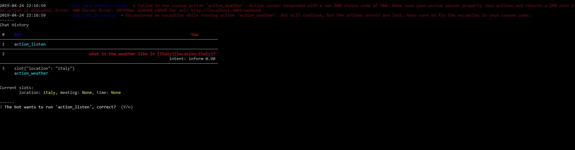 Action server is not responding (status code 500) · Issue #3307 · RasaHQ/rasa · GitHub