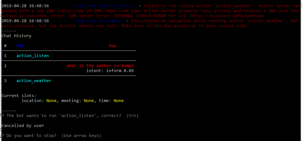 Action server is not responding (status code 500) · Issue #3307 · RasaHQ/rasa · GitHub