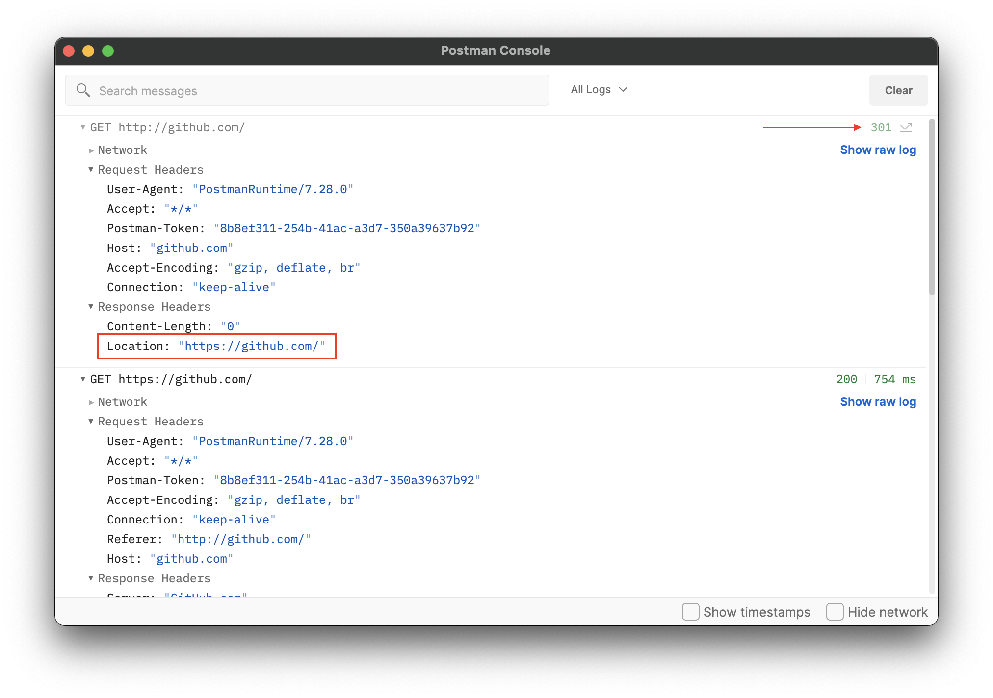 Redirects do not show headers in console · Issue #8492 · postmanlabs/postman-app-support · GitHub