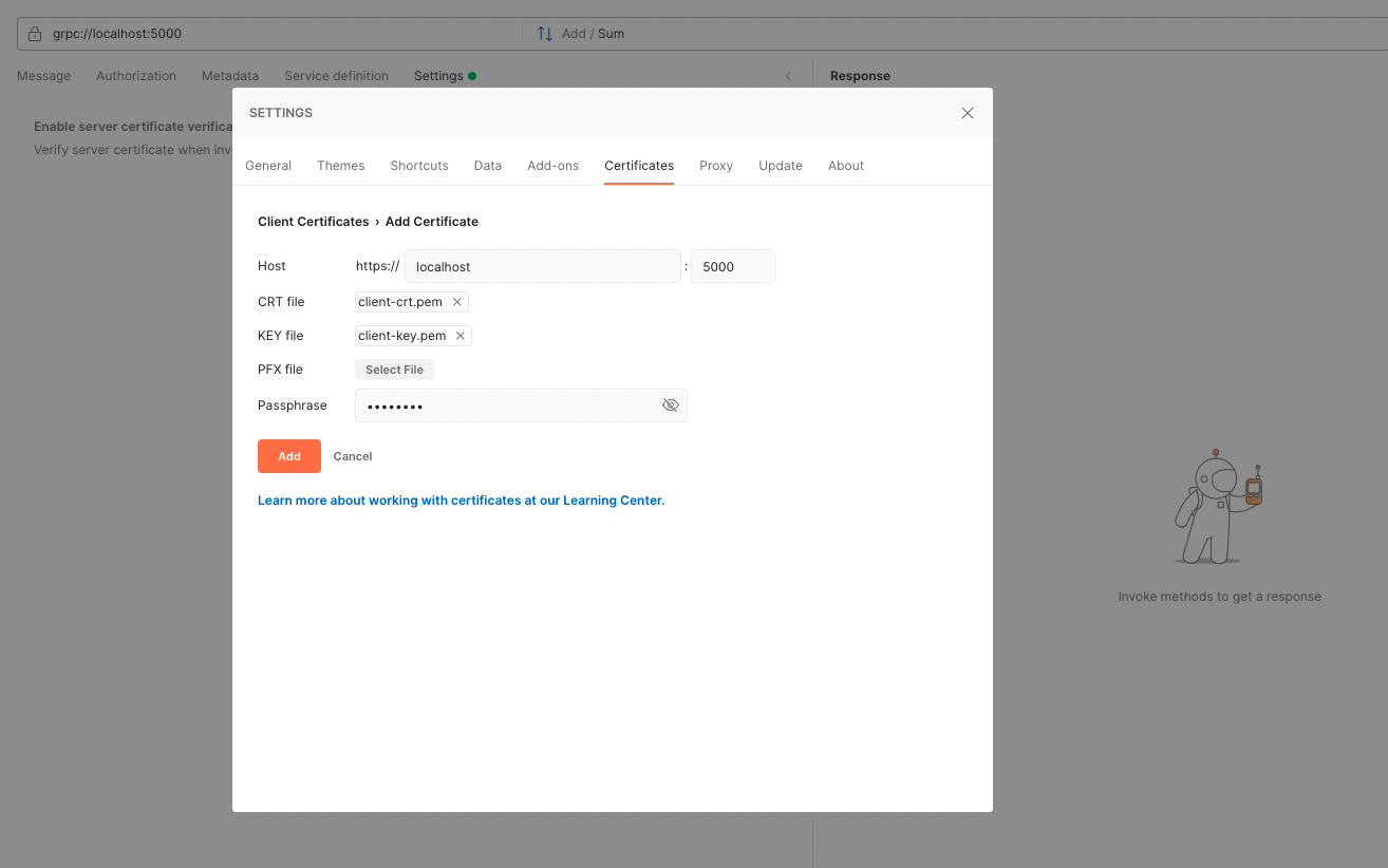 Support using server certificate for gRPC · Issue #10533 · postmanlabs/postman-app-support · GitHub