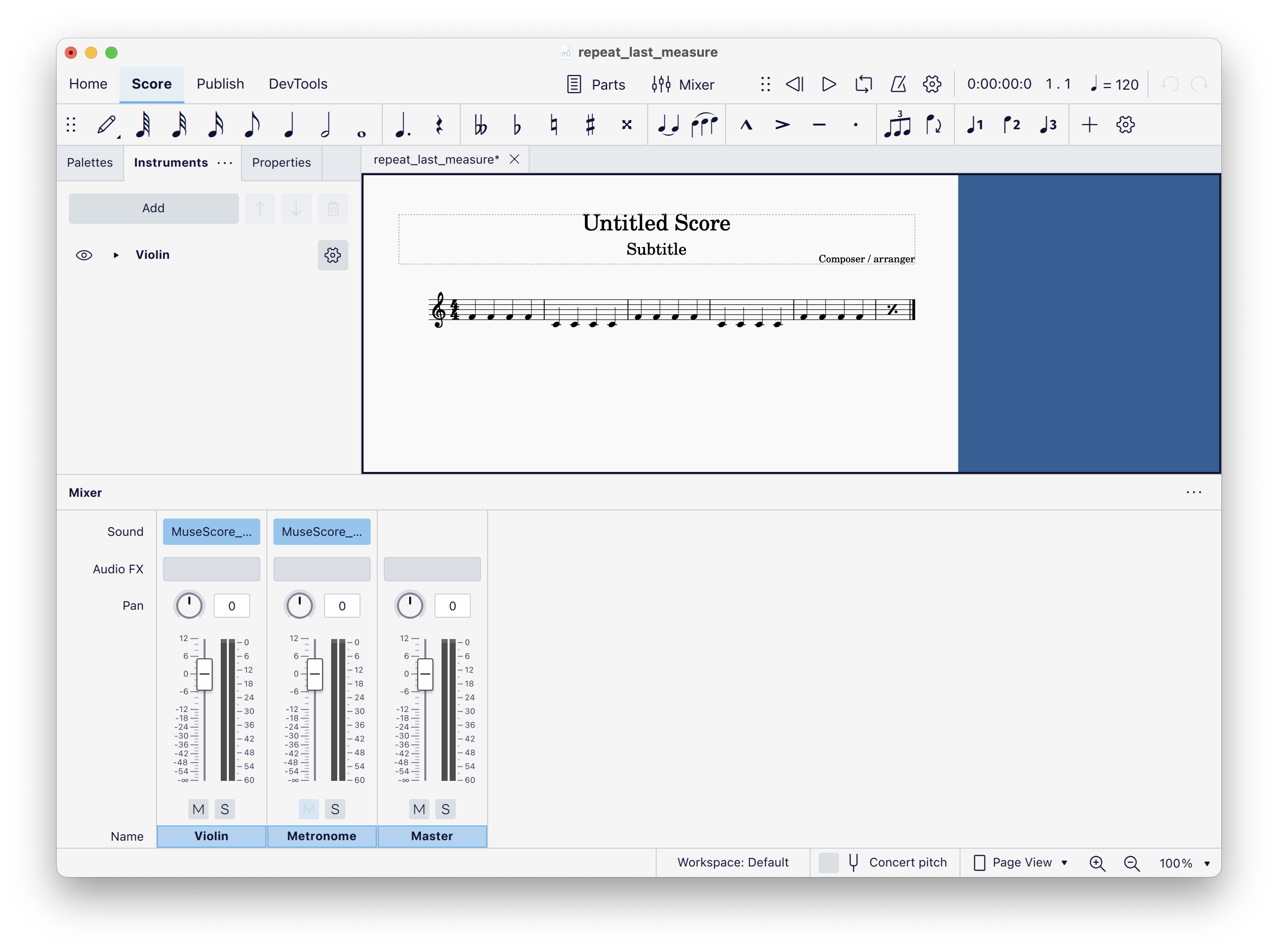 Nothing should be selected on the score when a new score is created, or an existing score opened ...