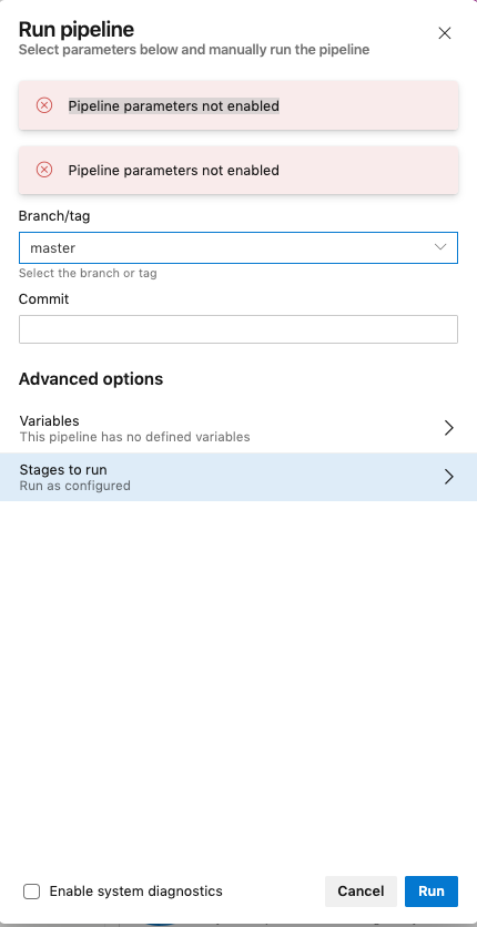 Runtime parameter not working "Pipeline parameters not enabled" · Issue #458 · microsoft/azure ...