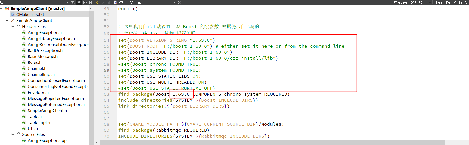 Compile SimpleAmqpClient under QtCreator 4.12.2, Could NOT find Boost (missing: chrono system ...