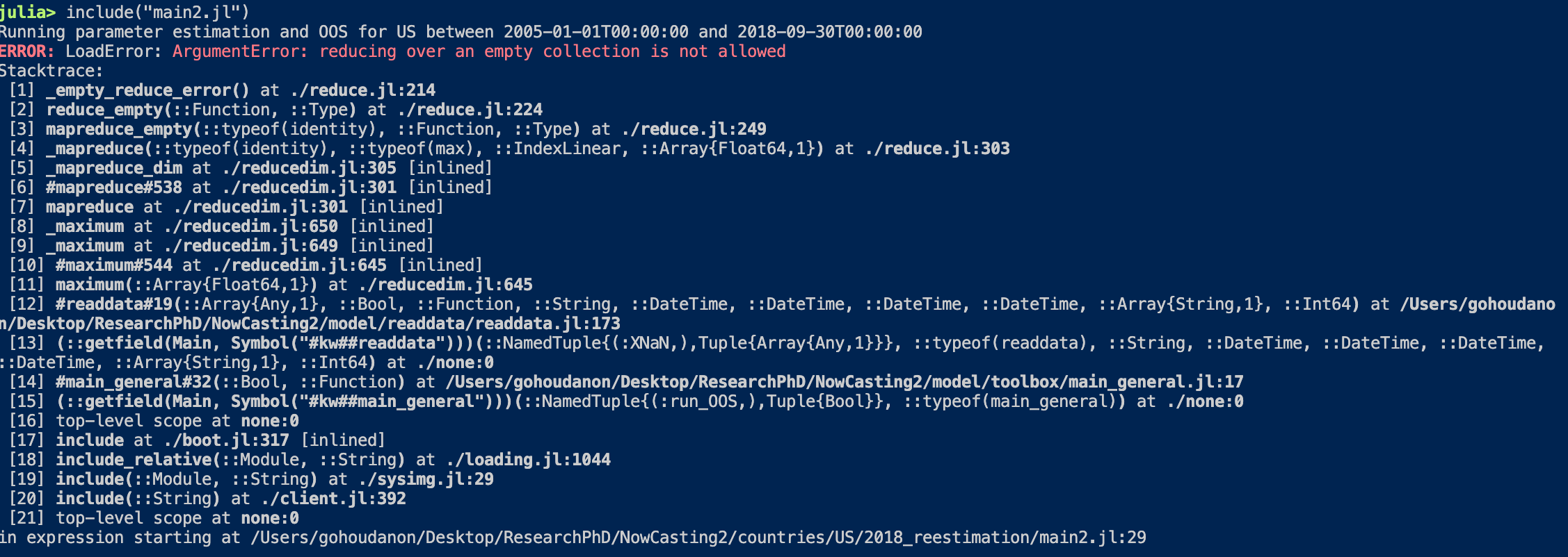 ERROR: LoadError: ArgumentError: reducing over an empty collection is ...