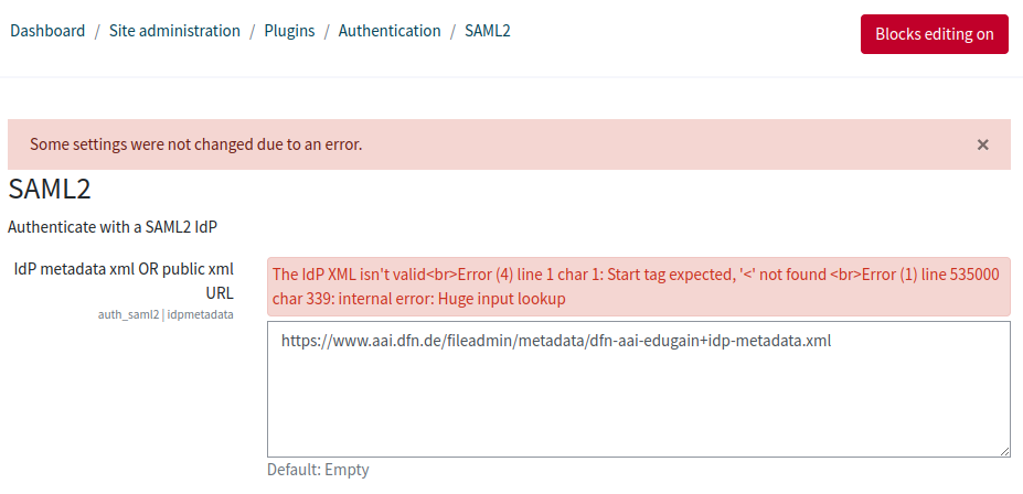 Error while setting IdP metadata url „Huge input lookup“ · Issue #543 · catalyst/moodle-auth ...