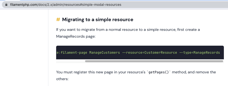 #Migrating to a simple resource error The "--type" option does not exist on make:filament-page ...